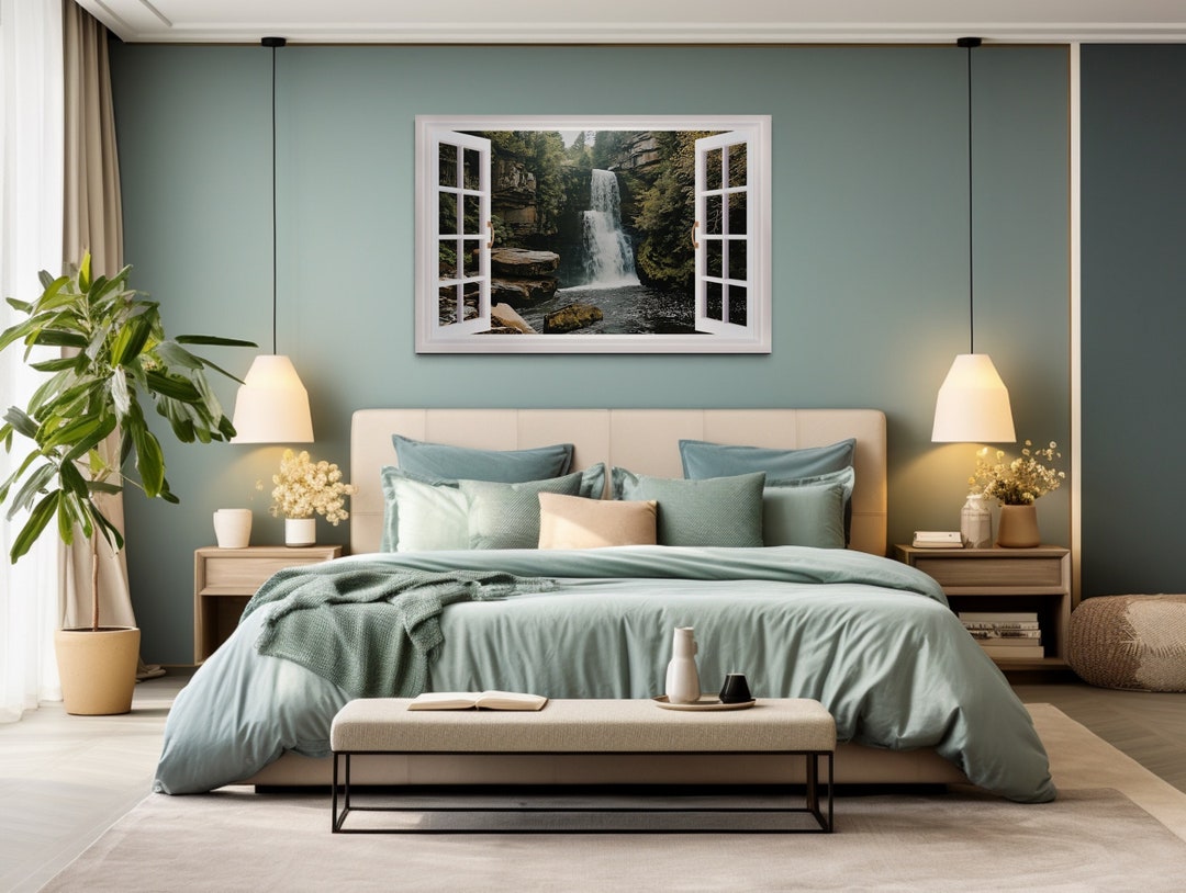 Window View Canvas, Forest Waterfall View From Open Window Painting ...