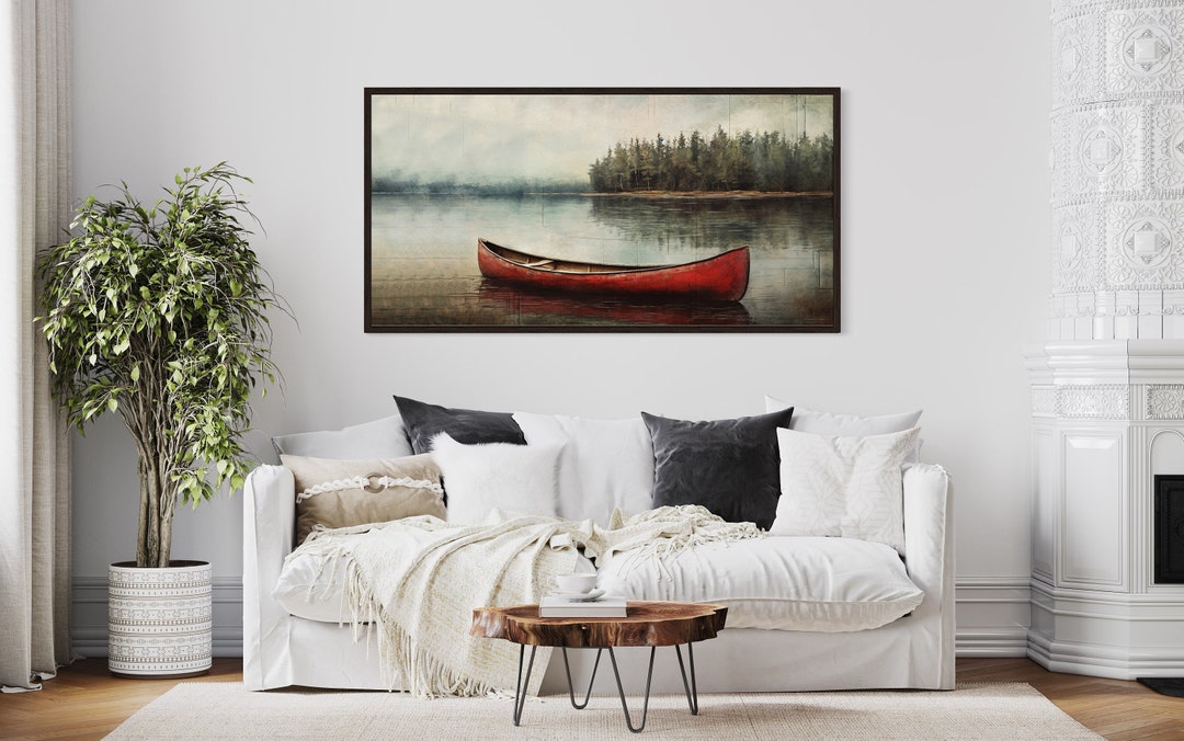 Red Canoe Retro Painting Canvas PRINT, Large Rustic Cottage Cabin Wall ...