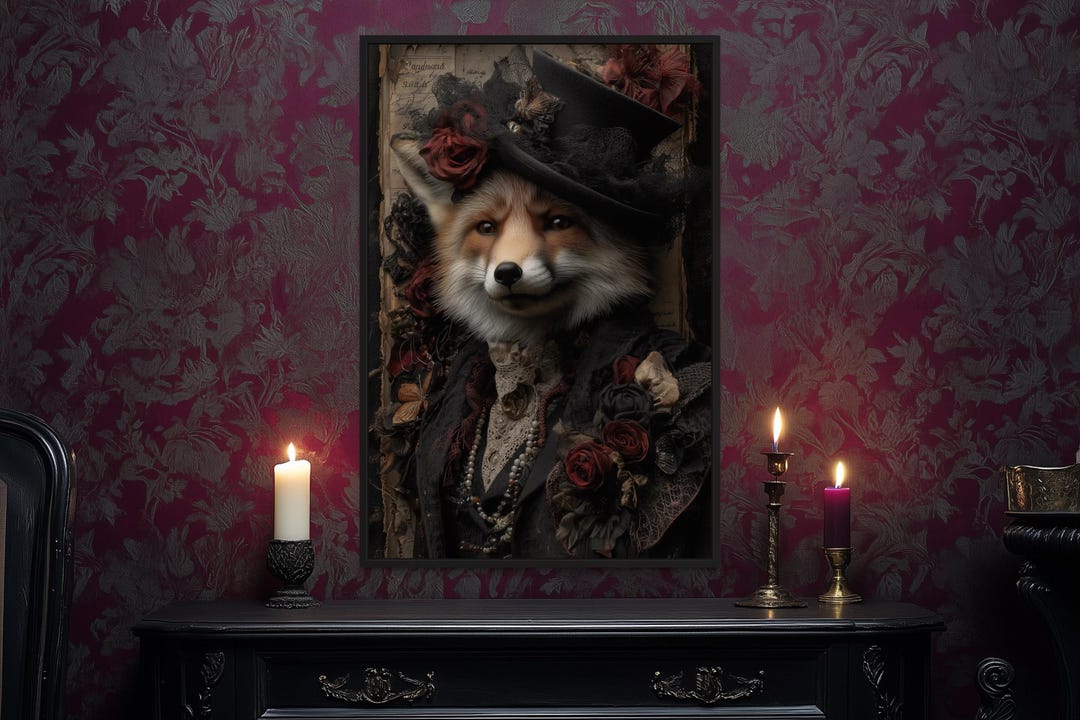 Gothic Victorian Fox Portrait Canvas Wall Art, Gothic Animal Wall Decor ...