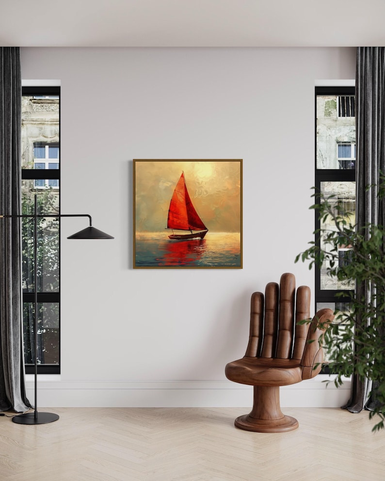 Gold Red Wall Art, Boat With Red Sails in Golden Sunset Ocean Abstract ...