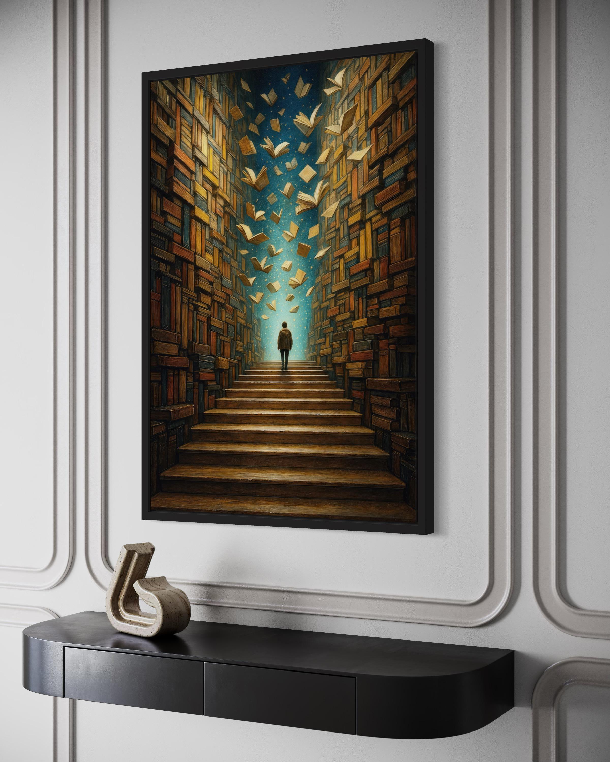 Surreal Library Wall Art - Man Walking Through Book Staircase With ...