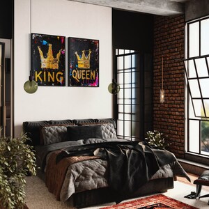 Set of 2 King and Queen Crowns Wall Art - Black Gold Pop Art Painting ...