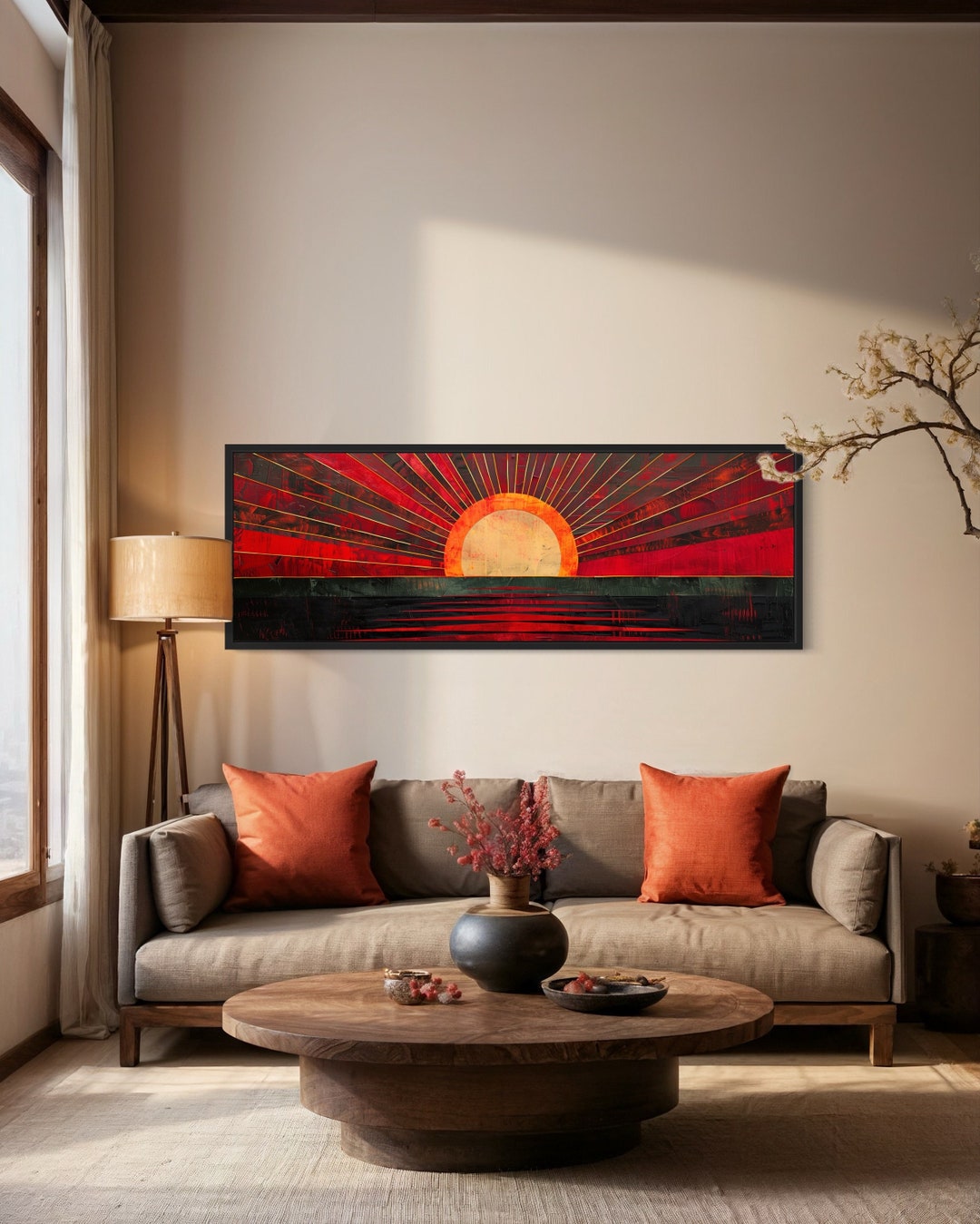 Mid Century Modern Black Red Sun Wall Art, Abstract Sun Panoramic ...