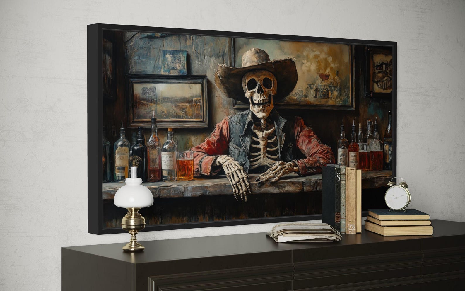 Skeleton Cowboy Barman at Western Saloon Wall Art, Wild West Canvas ...