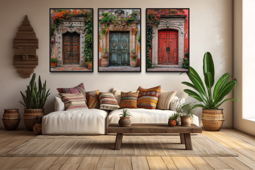 Set of Three Mexican Wall Art, Colorful Mexican Doors Painting Canvas ...