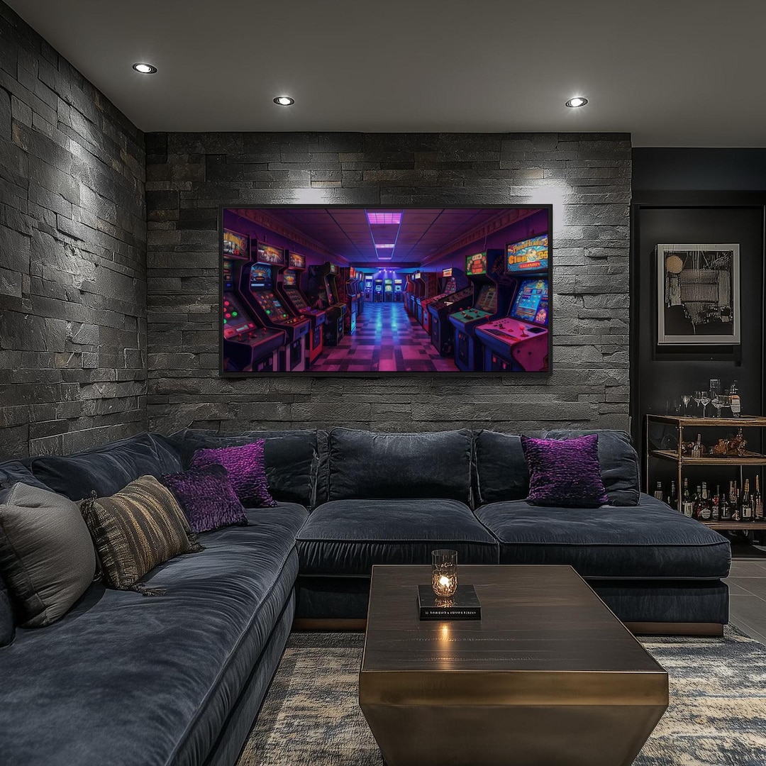 Game Room Wall Art, Retro Purple Neon Arcade Painting Canvas Print ...