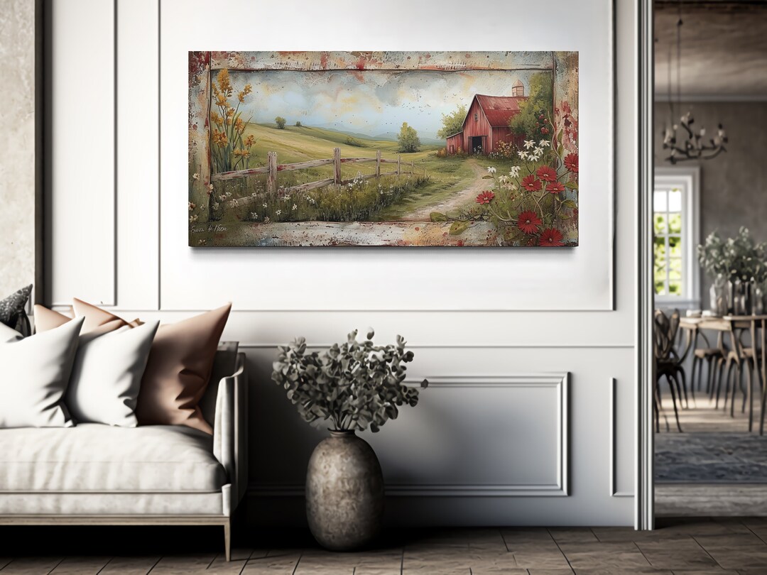 Rustic Farm Wall Art - Old Red Barn Field Landscape Painting Canvas ...