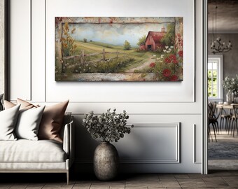 Farmhouse Wall Art, Old Farm Barn Painting on Wood Canvas PRINT, Retro ...