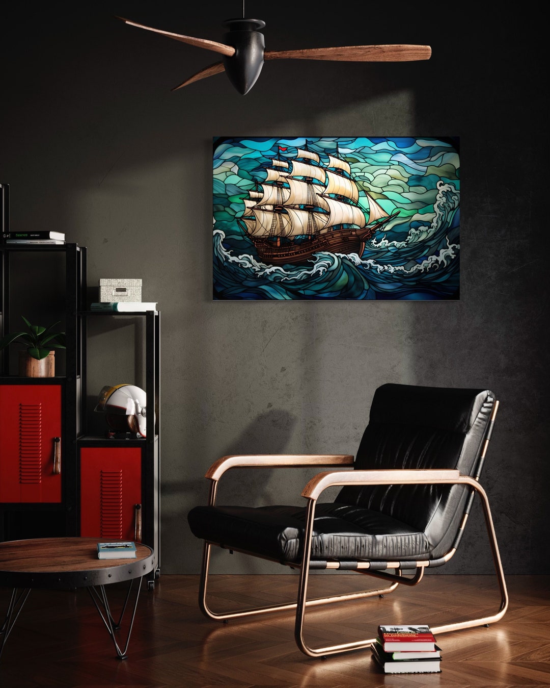 Stained Glass Style Pirate Ship Canvas Painting Print - Man Cave Decor ...