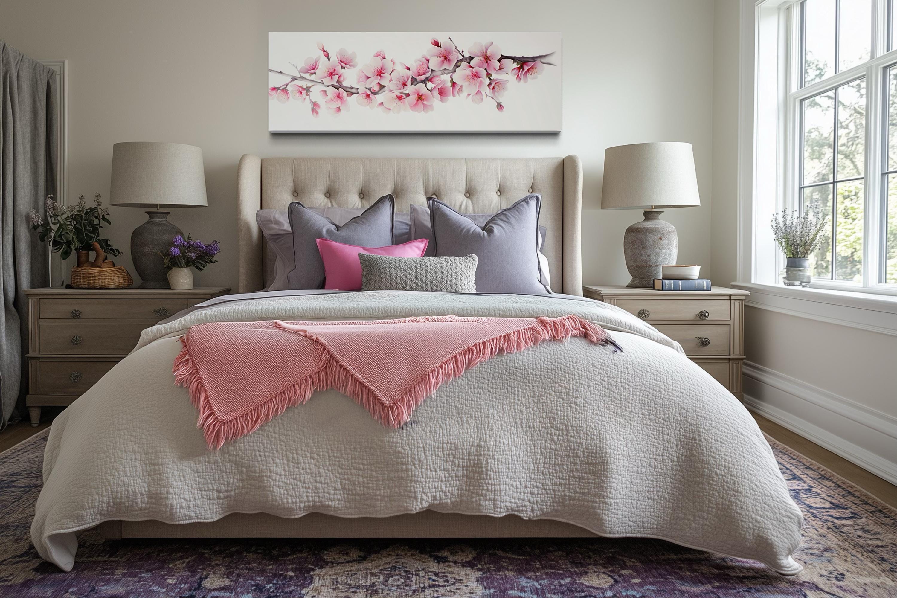 Over Bed Wall Art, Cherry Blossom Watercolor Painting Long Horizontal ...