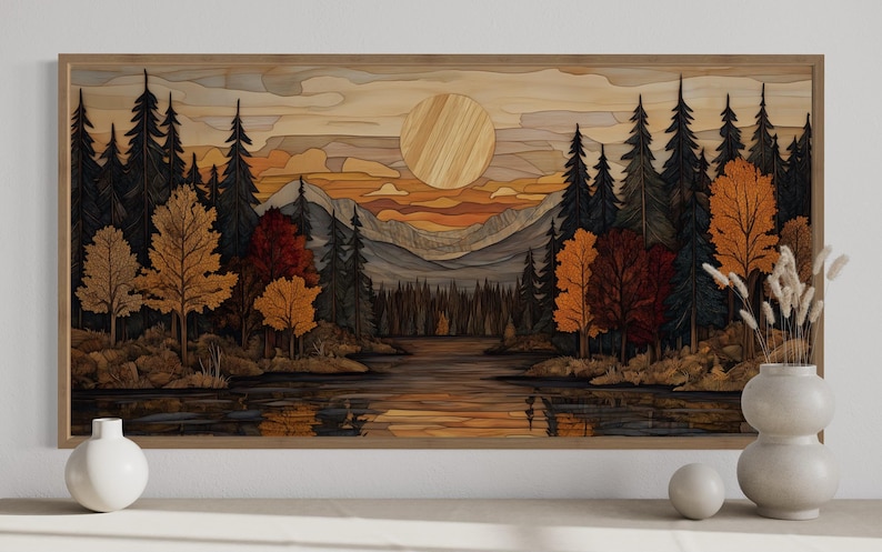 Autumn Forest Sunset Painting Canvas Print, Cozy Rustic Cabin Wall Art ...