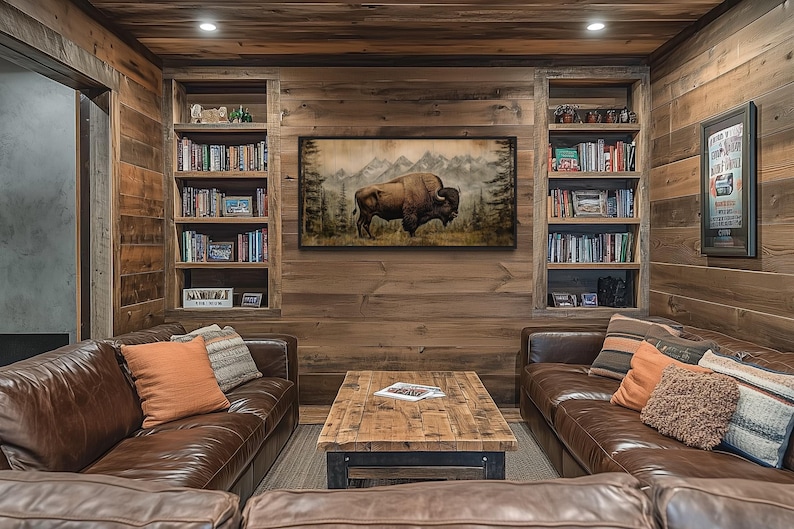 American Bison Painting Wood Panel Effect Printed on Canvas ...