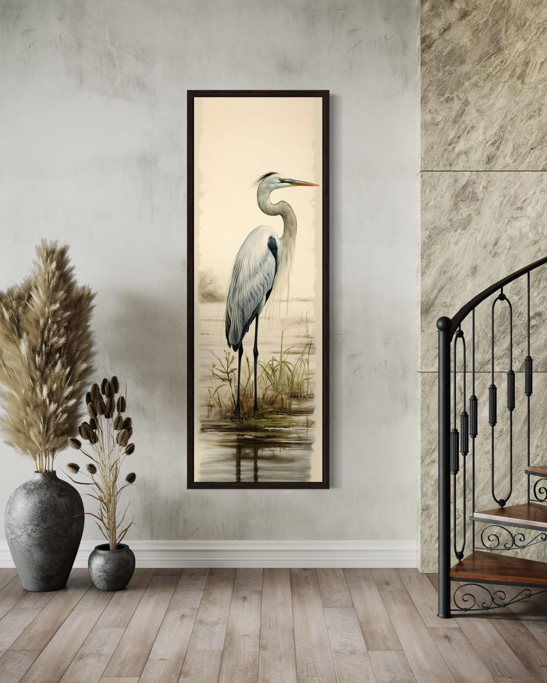Tall Narrow Great Egret Painting Canvas PRINT, Long Vertical Neutral ...