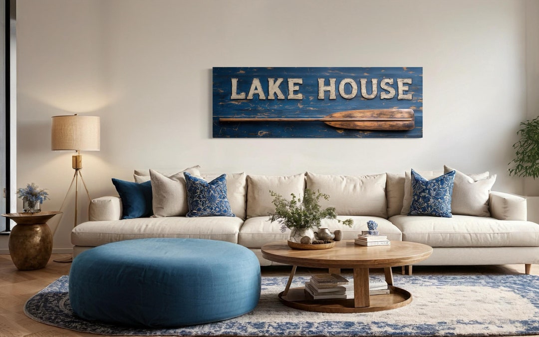 Lake House Sign Wall Art, Rustic Lake House With Oar Painting on Wood ...