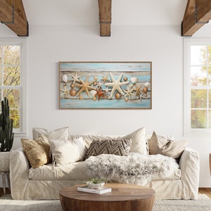 Beach House Wall Art - Starfish and Shells Painting on Blue Wood ...