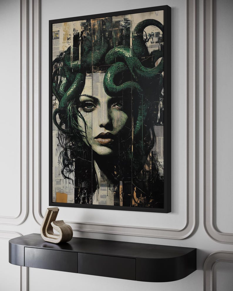 Modern Medusa Portrait Gothic Wall Art, Dark Green Snake Hair Painting ...