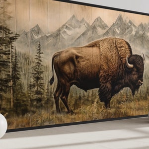 American Bison Painting Wood Panel Effect Printed on Canvas, Western ...
