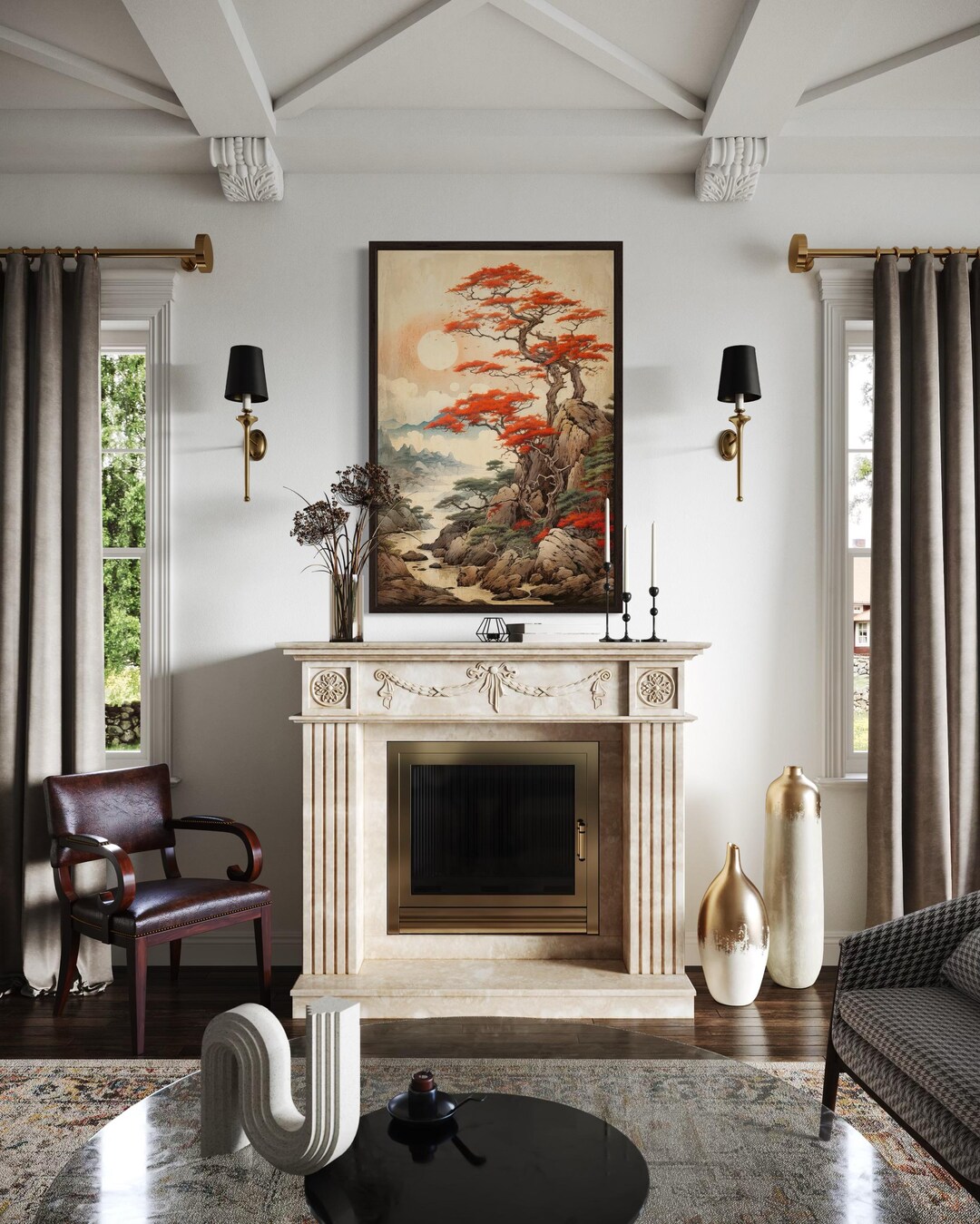 Traditional Ukiyo E Style Japanese Wall Art - Retro Inspired Maple Tree ...