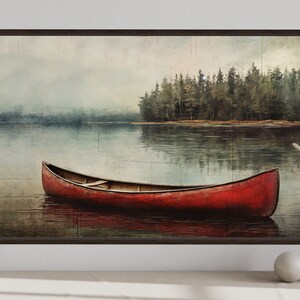 Red Canoe Retro Painting Canvas PRINT, Large Rustic Cottage Cabin Wall ...