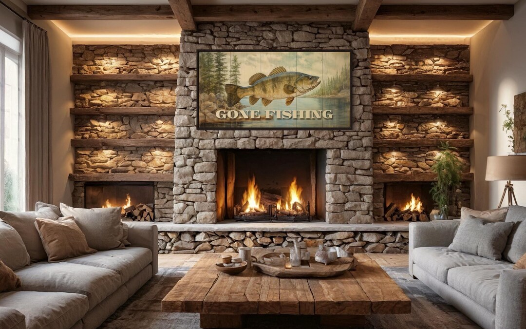 Fishing Sign Retro Painting - Rustic Lake House, Cabin Wall Art - Fish ...