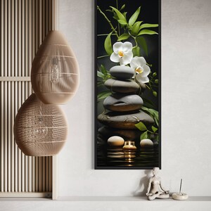 Tall Narrow Vertical Zen Wall Art, Stacked Rocks Candle Bamboo Painting ...