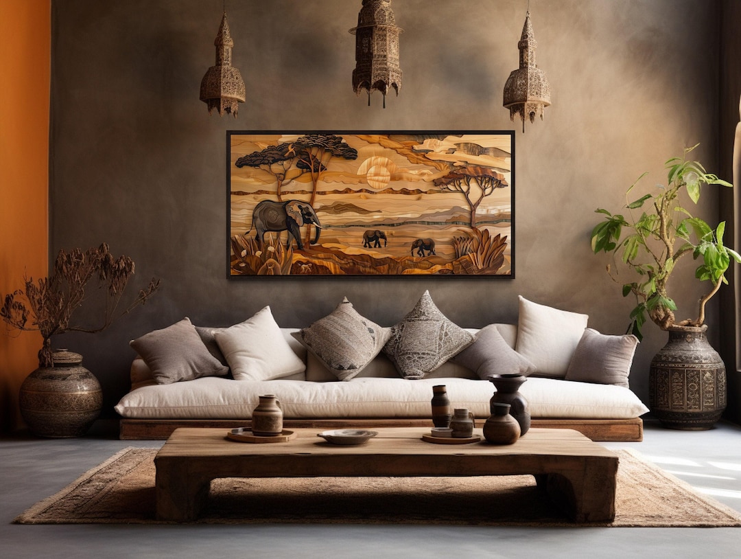 African Savannah Wall Art, African Landscape With Elephants Layered ...