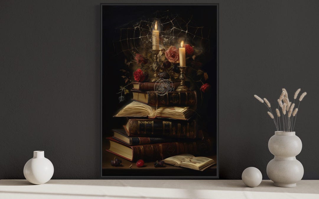 Gothic Wall Art Stack of Retro Books With Candles Spider Web Dark ...