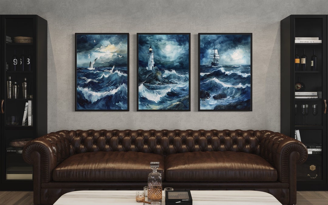 Nautical Wall Art Set of 3 Maritime Prints Navy Blue Ocean Painting of ...