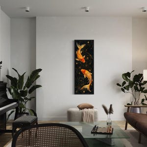Tall Narrow Vertical Gold Fish on Black Painting Canvas PRINT, Slim ...