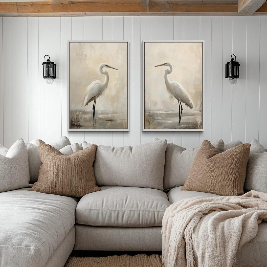 Set of 2 Great Egrets Wall Art, Abstract Egret Paintings Canvas Prints ...
