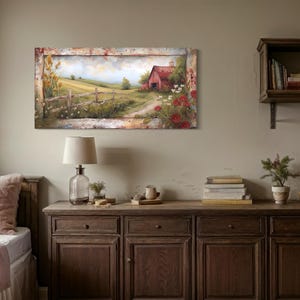 Rustic Farm Wall Art - Old Red Barn Field Landscape Painting Canvas ...