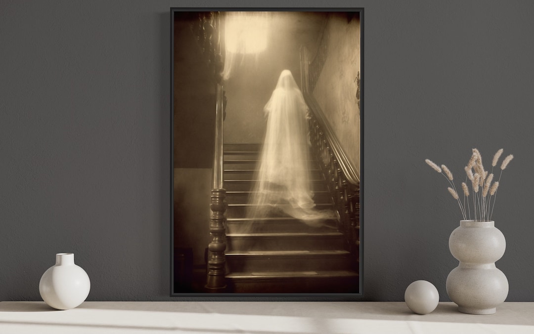 Ghost on Stairs in Haunted Mansion Gothic Painting - Halloween Wall Art ...