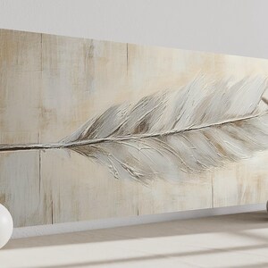Rustic Horizontal Wall Art, Above Bed Decor White Feather Painting on ...