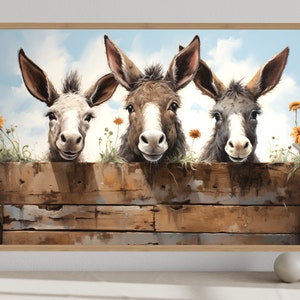 Farmhouse Wall Art Three Funny Donkeys Looking Through Wooden Fence Painting Canvas PRINT ...
