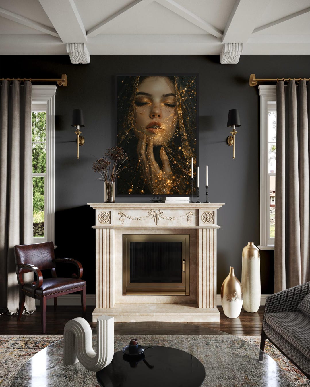 Dark Academia Golden Stardust Wall Art, Celestial Woman in Mysterious ...