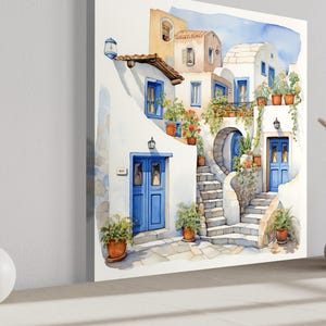 Greek Houses Wall Art, Santorini Greece Watercolor Painting Canvas ...