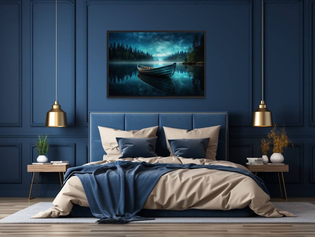 Lake Boat Starry Night Painting Canvas PRINT, Photography Style Lake ...