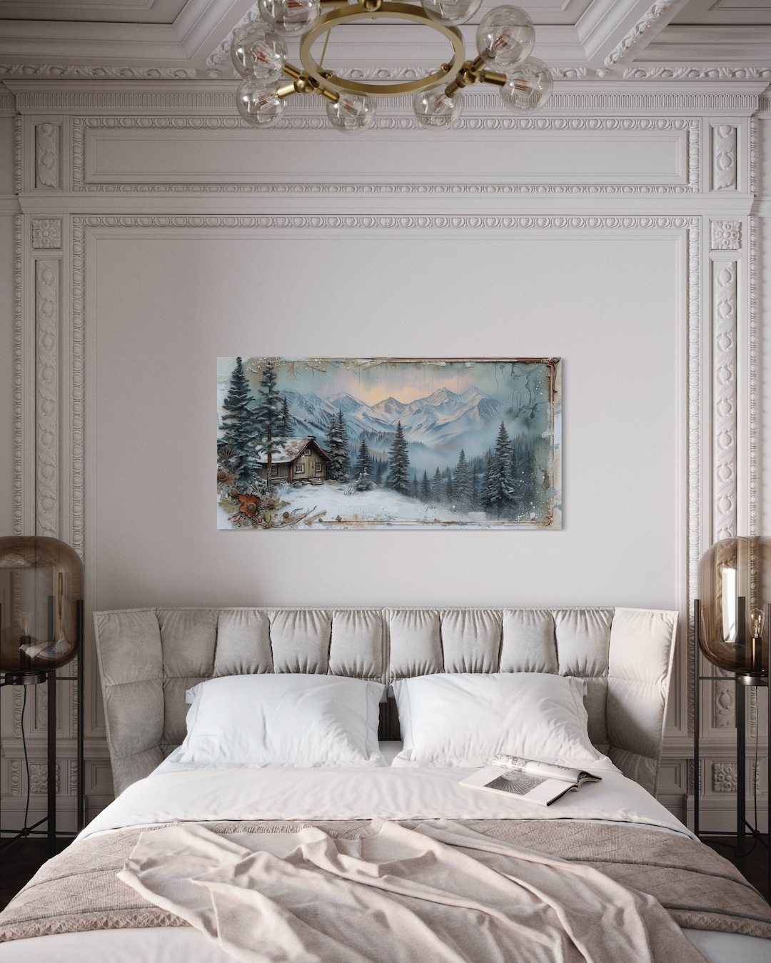 Mountain Cabin in Snowy Mountains Wall Art Rustic Cabin Painting Canvas ...