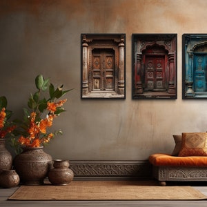 Set of Three Indian Wall Art, Colorful Indian Doors Painting Canvas ...