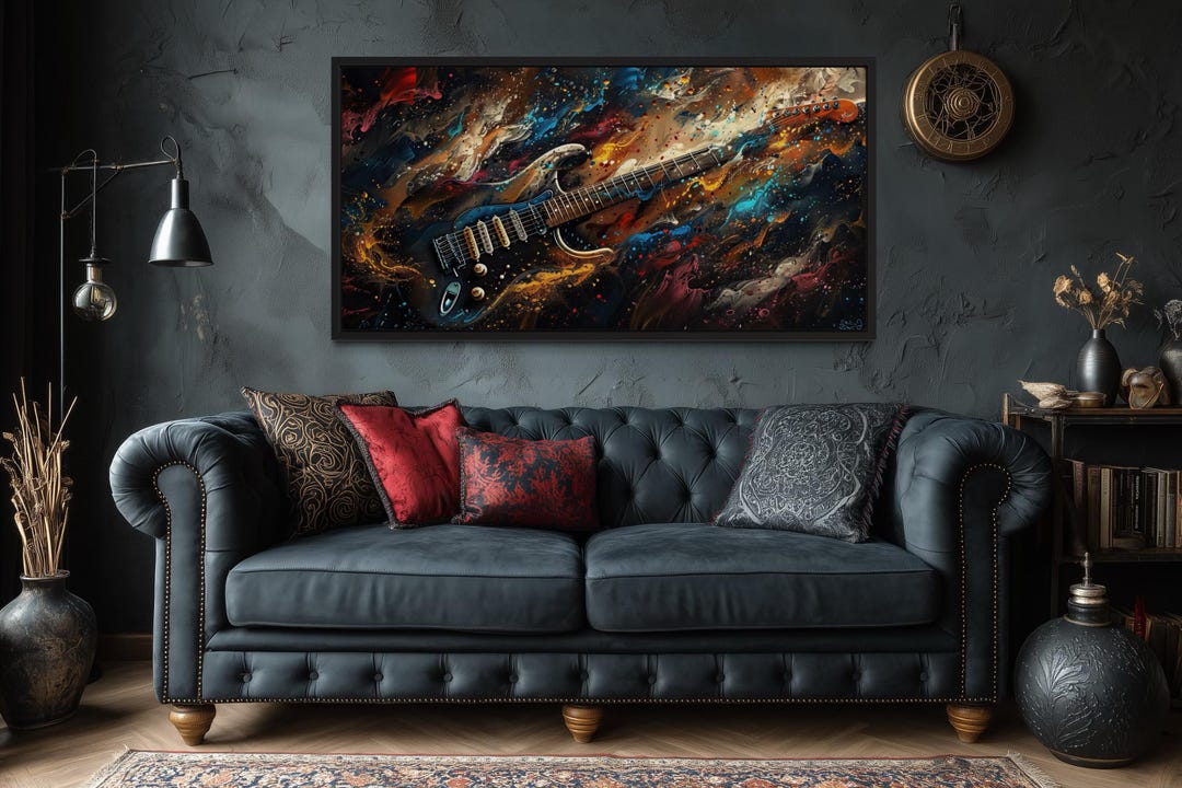 Music Wall Art, Dark Colorful Electric Guitar in Space Painting Canvas ...