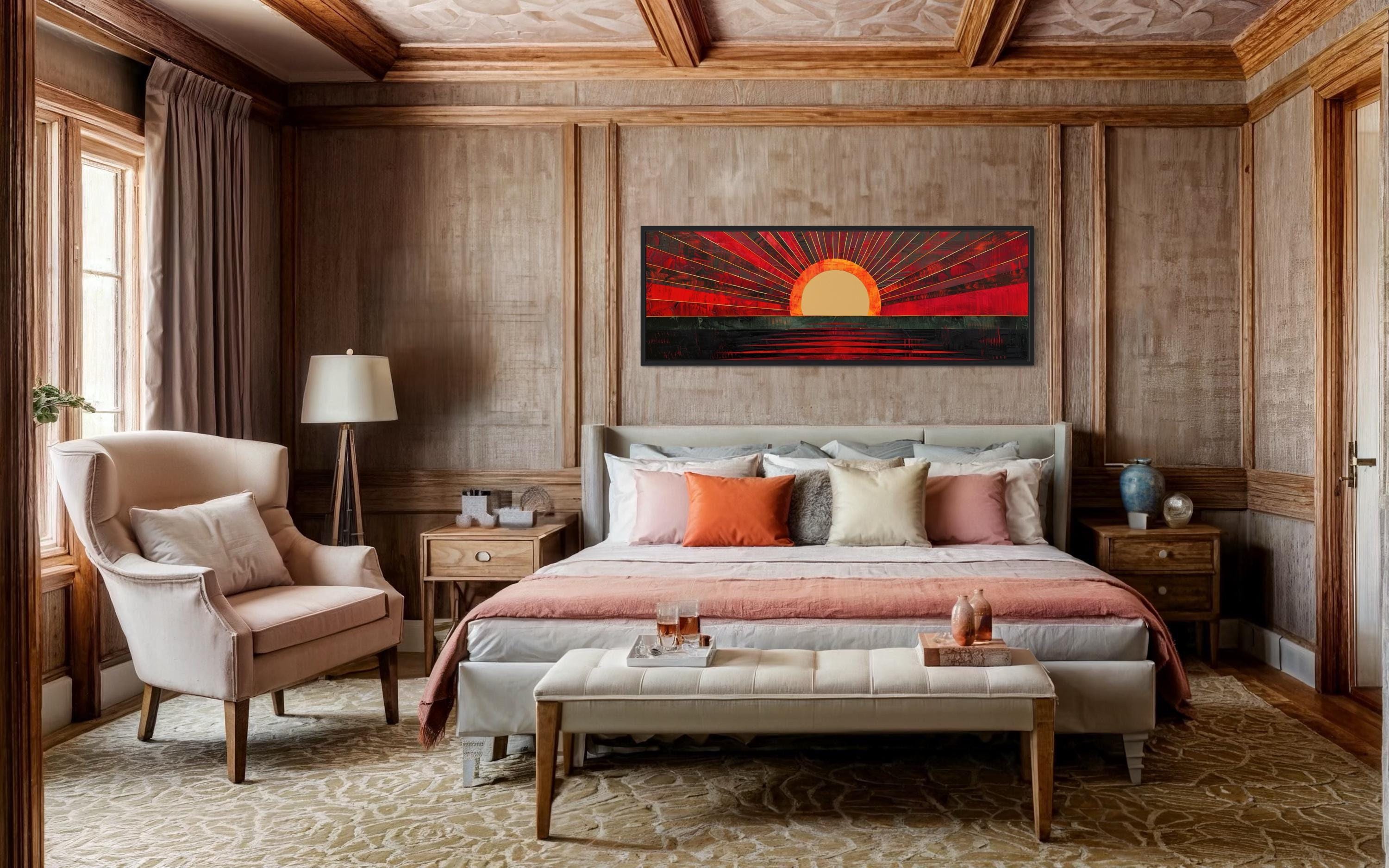 Mid Century Modern Black Red Sun Wall Art, Abstract Sun Panoramic ...