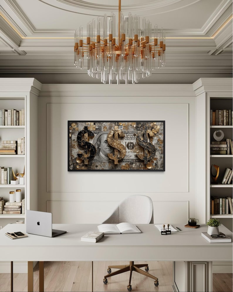 Money Wall Art – Luxury Dollar Sign Canvas With Gold Coins and Benjamin ...