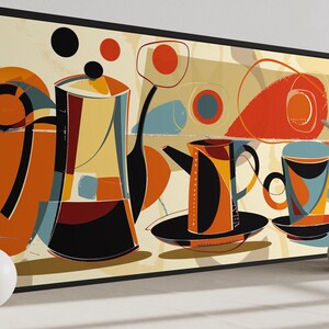 Mid Century Modern Kitchen Wall Art, Dining Room Wall Decor, Earth Tones Coffee Pot and Cups ...