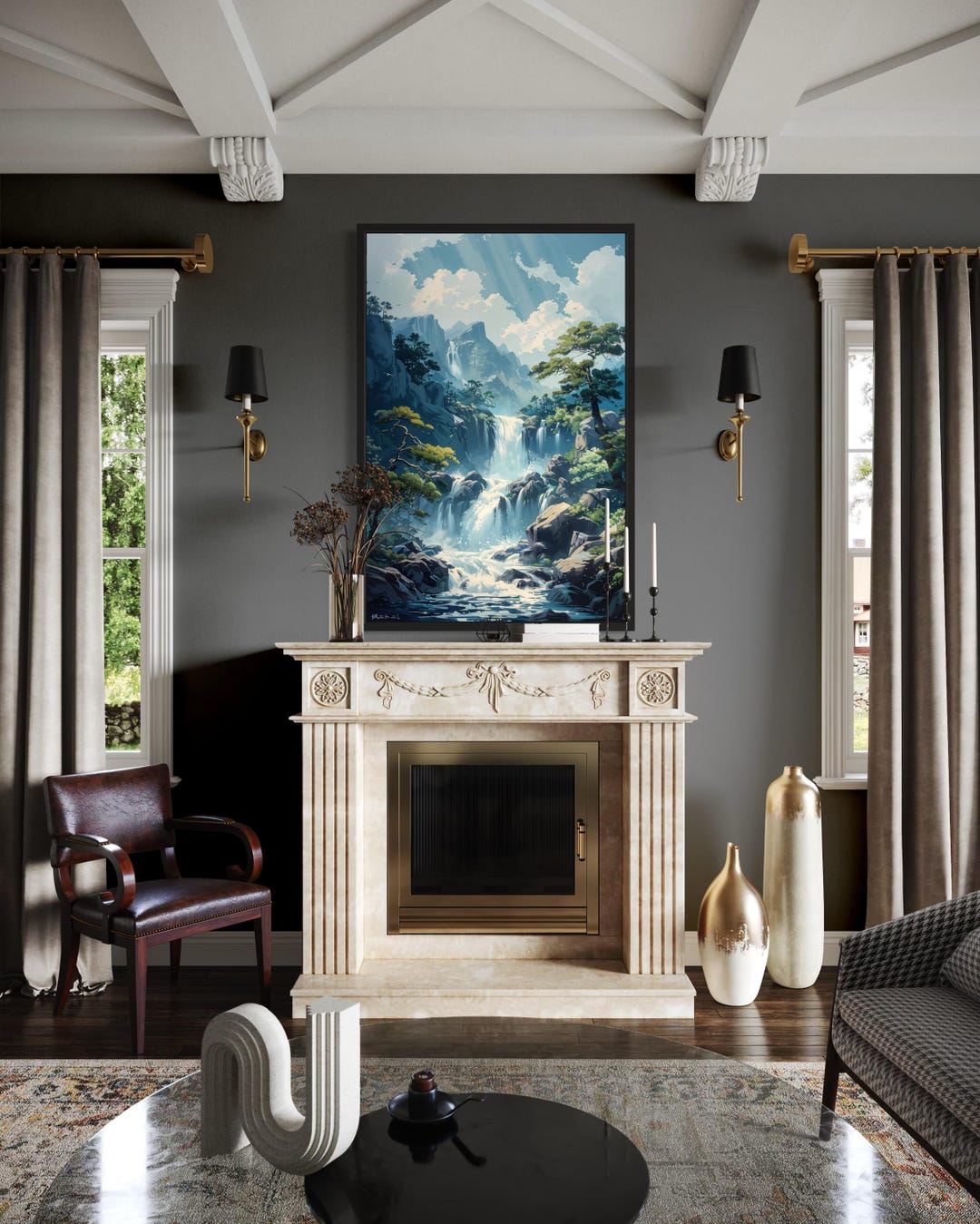 Blue Waterfall Wall Art - Mountain Waterfall Landscape Vertical ...