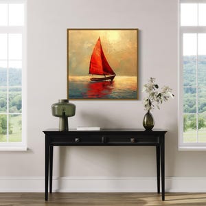 Gold Red Wall Art, Boat With Red Sails in Golden Sunset Ocean Abstract ...