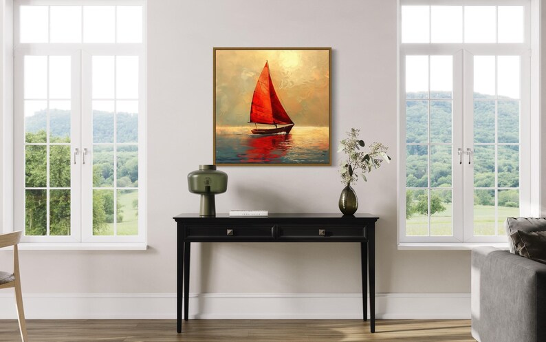 Gold Red Wall Art, Boat With Red Sails in Golden Sunset Ocean Abstract ...