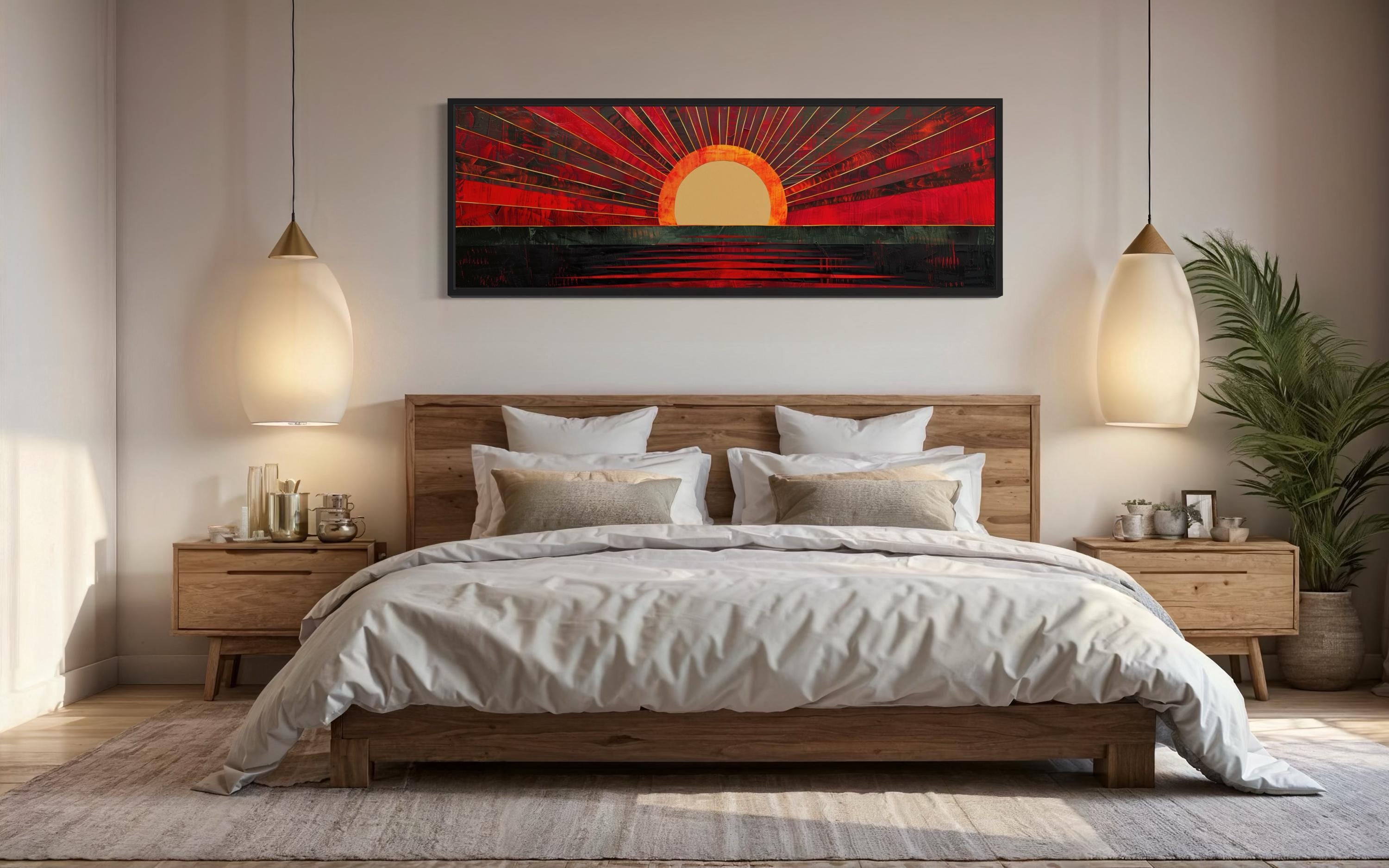 Mid Century Modern Black Red Sun Wall Art, Abstract Sun Panoramic ...