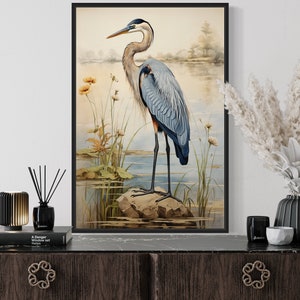 Blue Heron Painting Canvas PRINT, Coastal Waterbird Artwork, Lake House ...