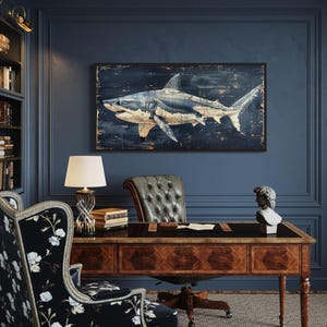 Nautical Wall Art Great White Shark Painting on Navy Blue Distressed ...