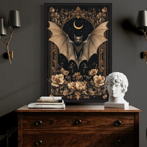 Gothic Bat Wall Art, Victorian Moonlit Bat and Floral Illustration ...